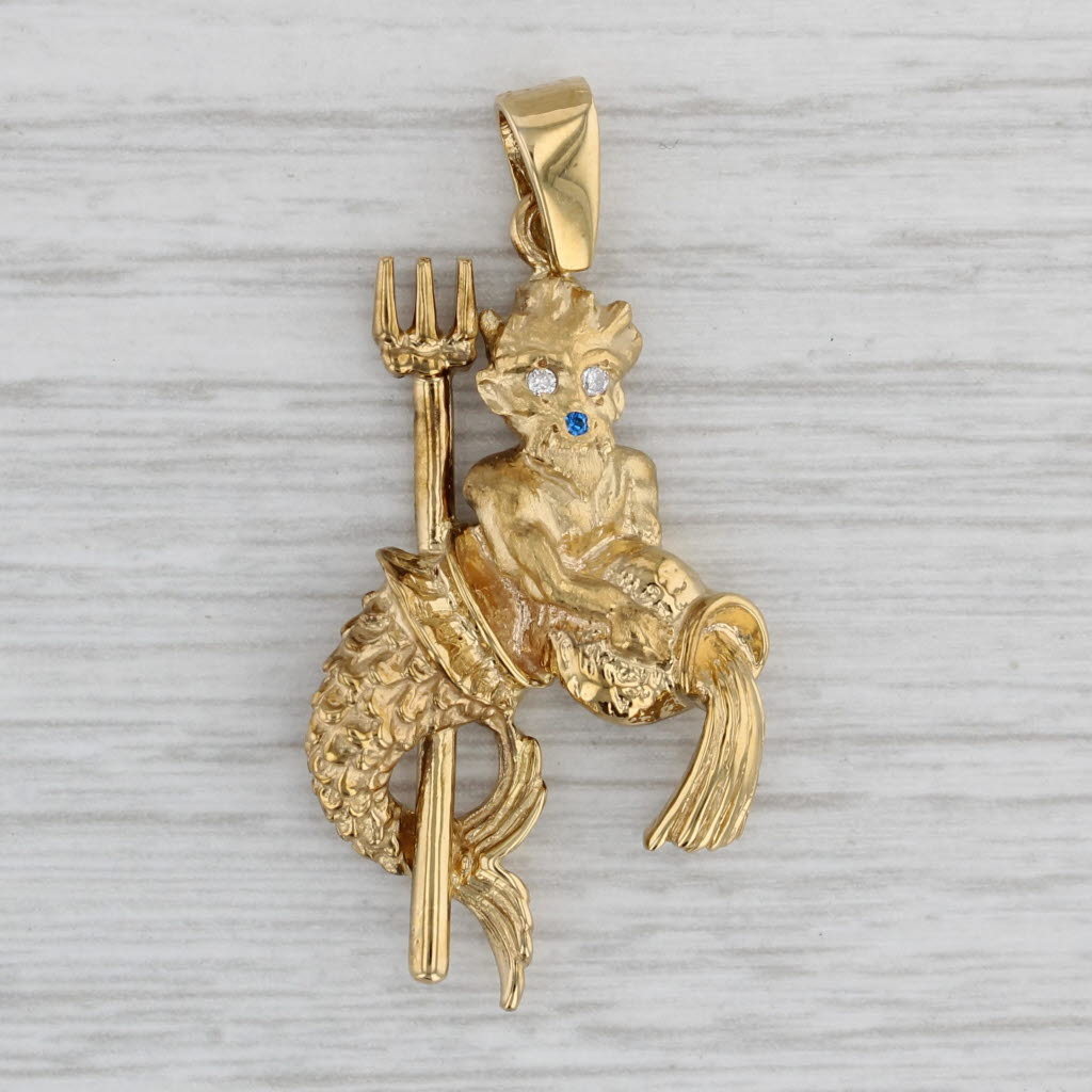 Poseidon Aquarius Trident Pendant 14k Gold Lab Created Spinel Diamond