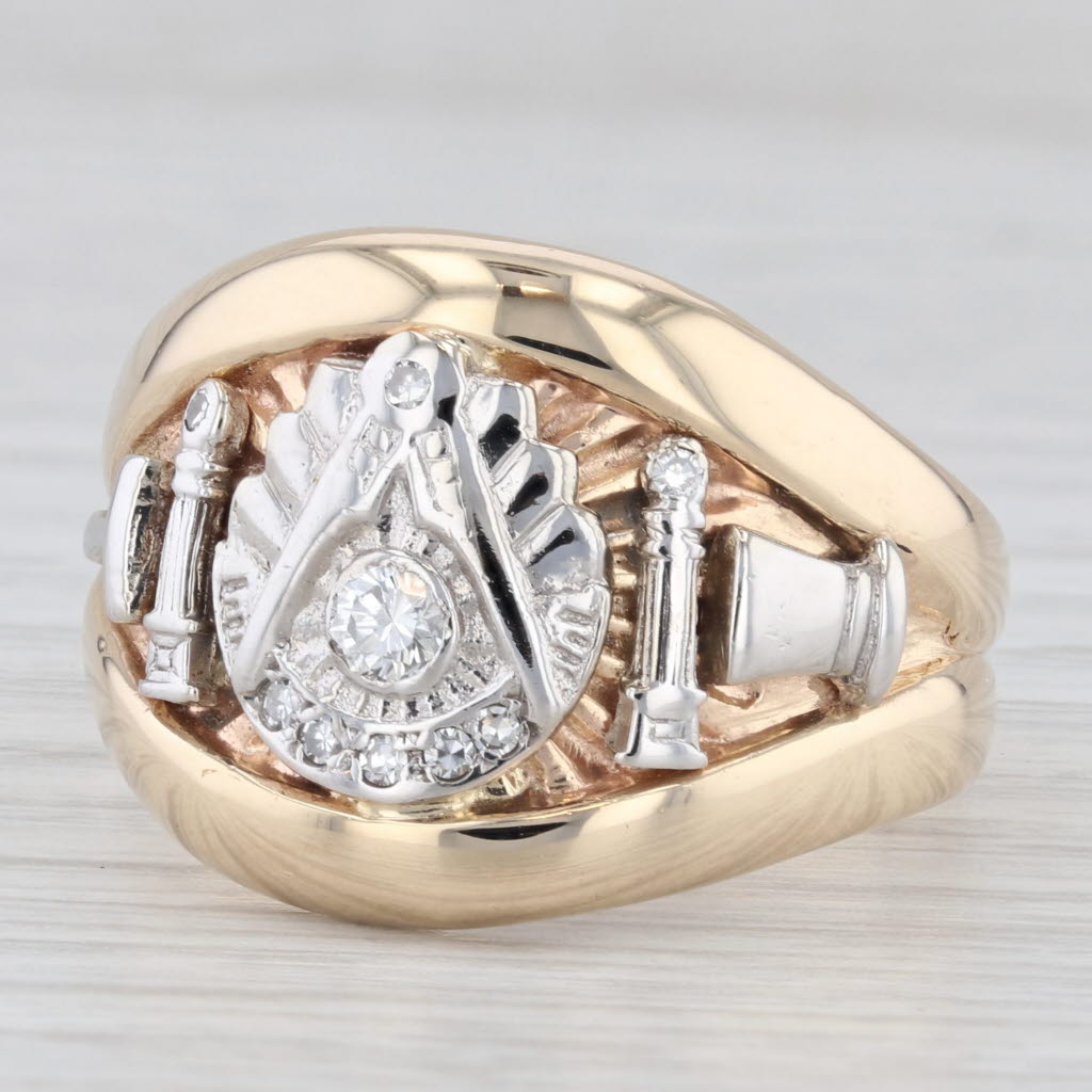 Vintage Past Master Ring 14k Gold Diamond Masonic Signet Cigar Band Si