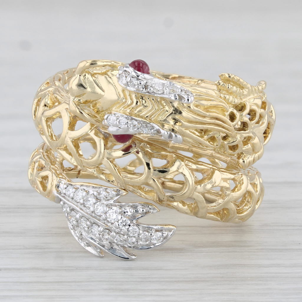 John Hardy Coiling Naga Dragon Ring Ruby Diamond 18k Yellow Gold Size