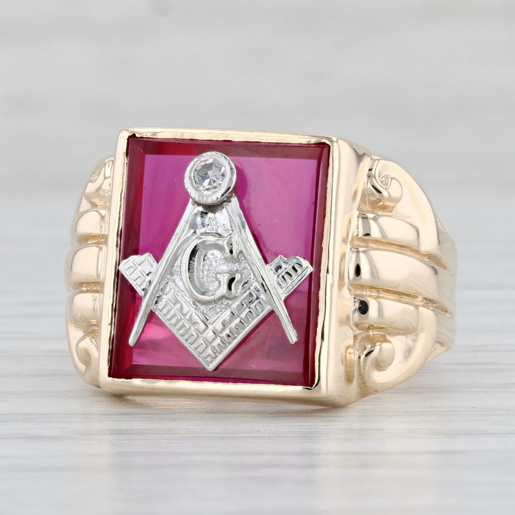 Masonic Signet Ring 10k Gold Lab Created Ruby Diamond Blue Lodge Squar