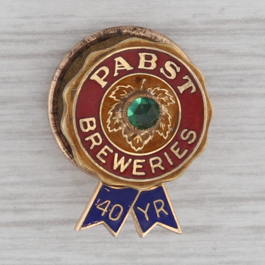 Vintage Pabst Blue Ribbon 40 Year Service Pin 14k Gold Enamel Green Gl ...