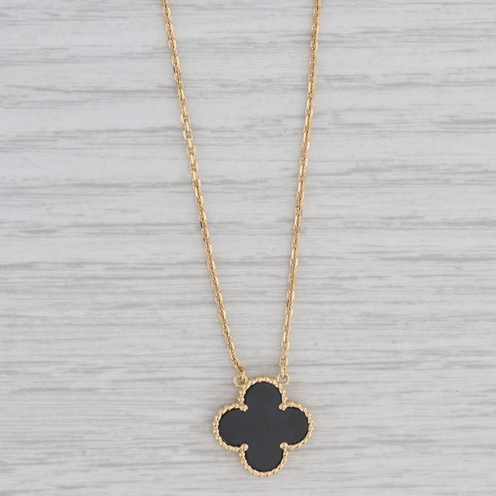 Van Cleef Arpels VCA Alhambra Black Onyx Clover Necklace 18k Gold 7.25
