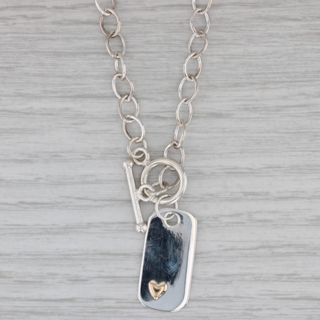 Jane Basch Heart ID Tag Pendant Necklace Sterling Silver 14k Gold 18"