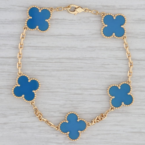 Van Cleef Arpels VCA Alhambra Blue Agate Clover Bracelet 18k Gold 7.25