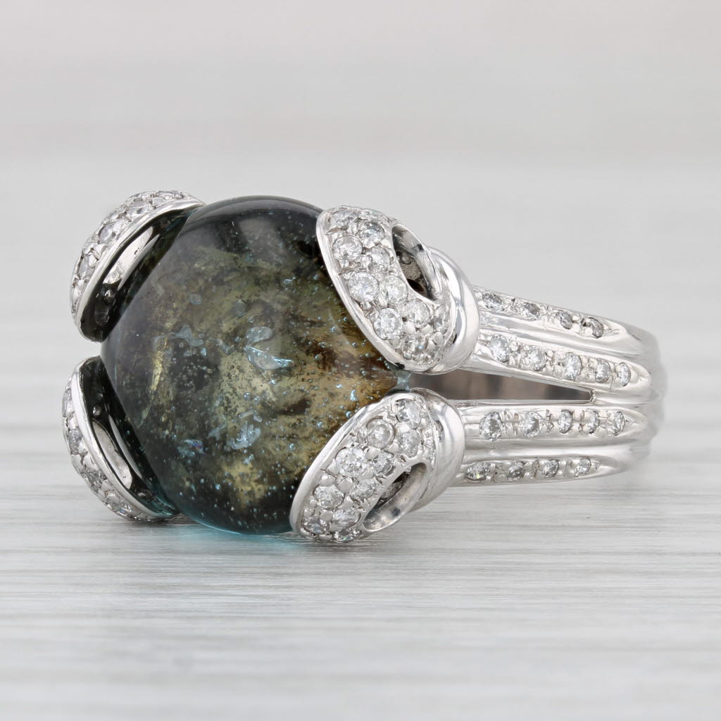 Green Glass Diamond Ring 18k White Gold Size 7.75 Cocktail