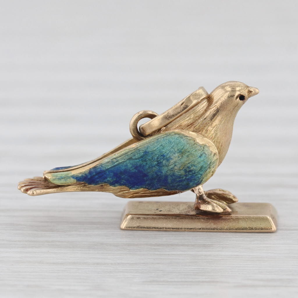 Vintage Enamel 3D Blue Bird Charm Pendant 18K Yellow