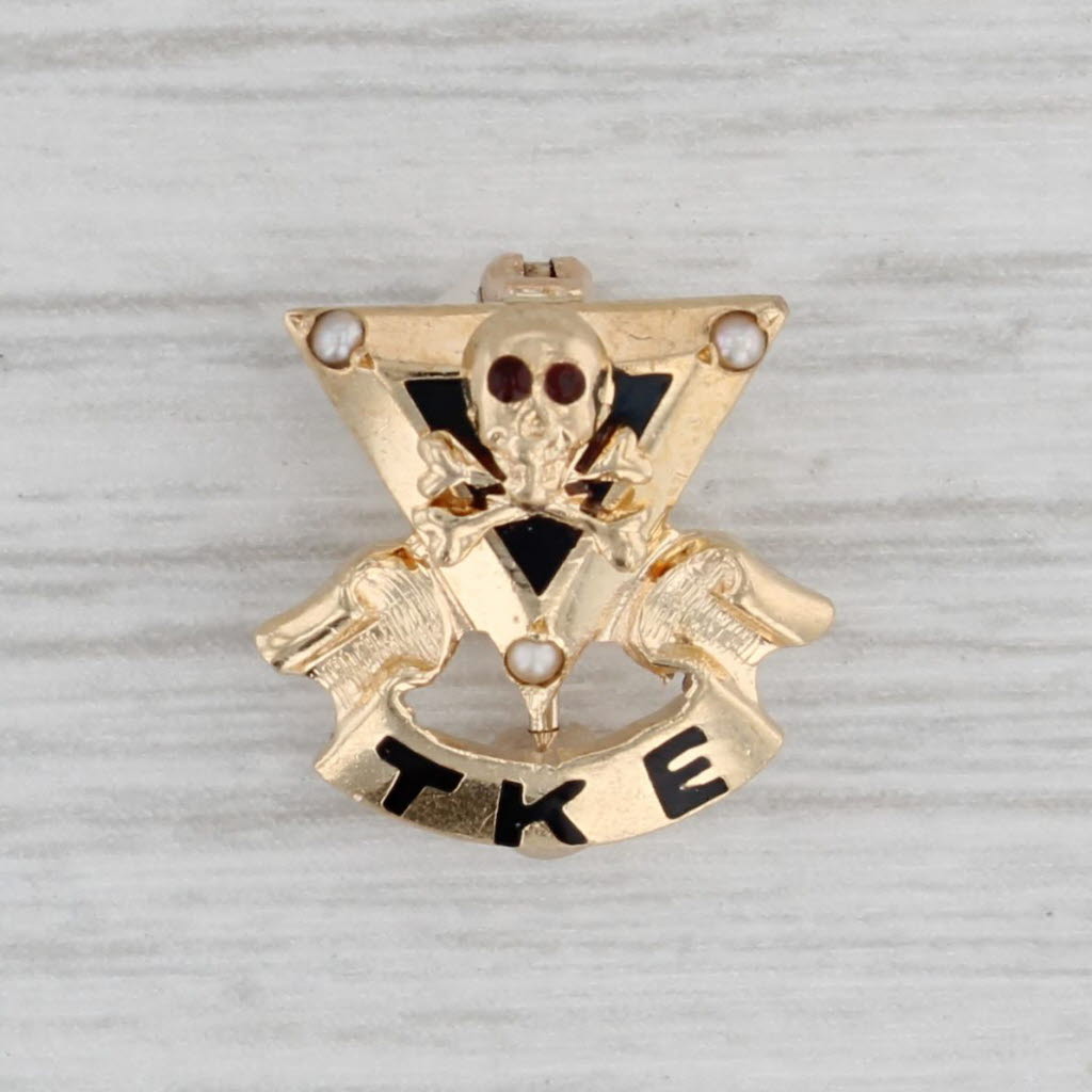 Vintage Tau Kappa Epsilon Fraternity Pin 14k Gold Pearl Skull Badge
