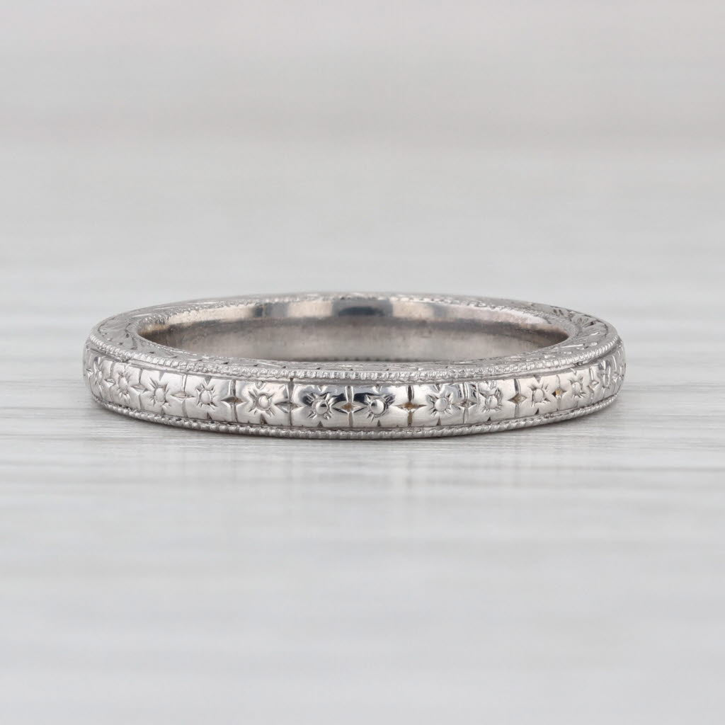 Hand Engraved Floral Wheat Pattern Wedding Band Stackable Ring 14k Gol