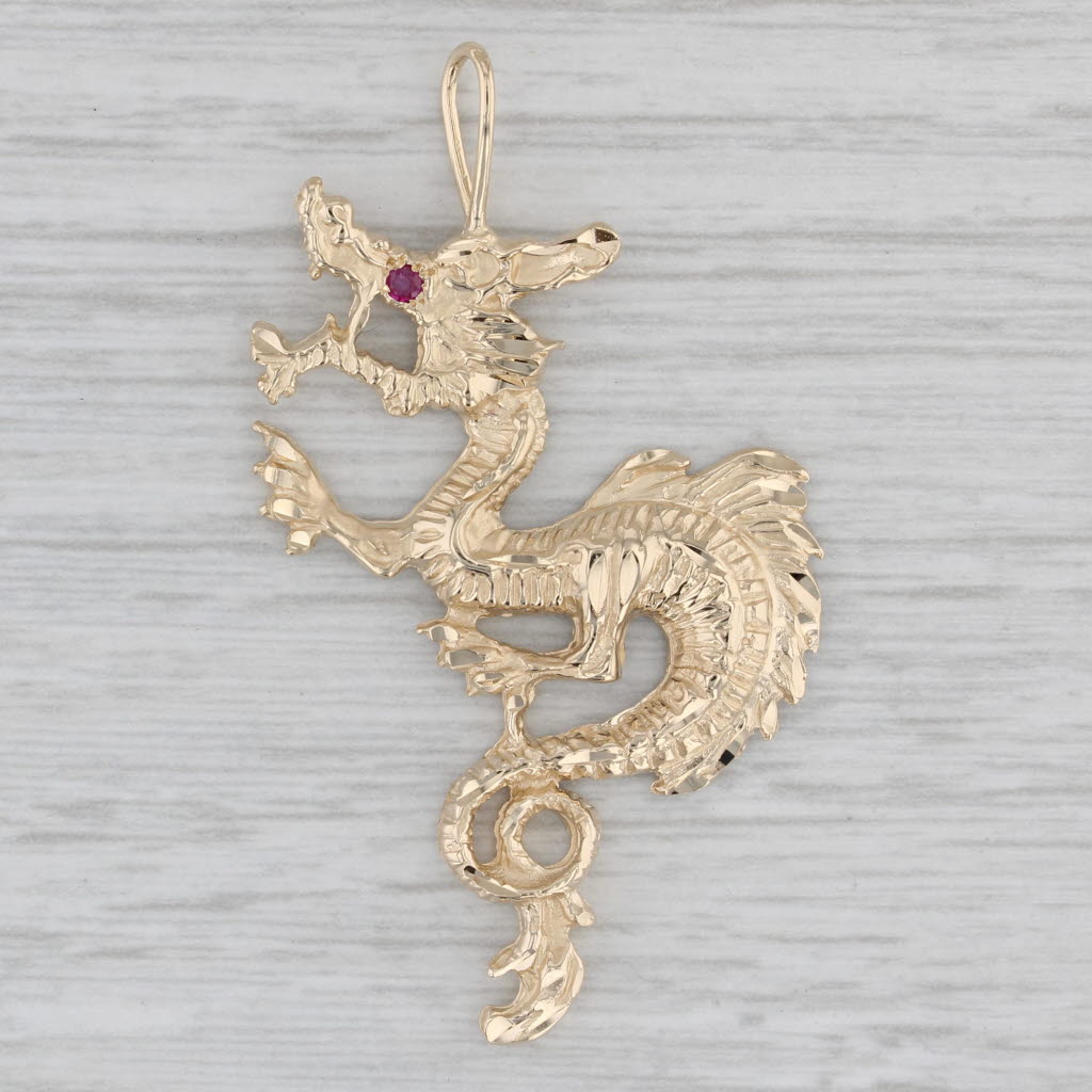 Ruby Eyed Dragon Pendant 14k Yellow Gold Statement