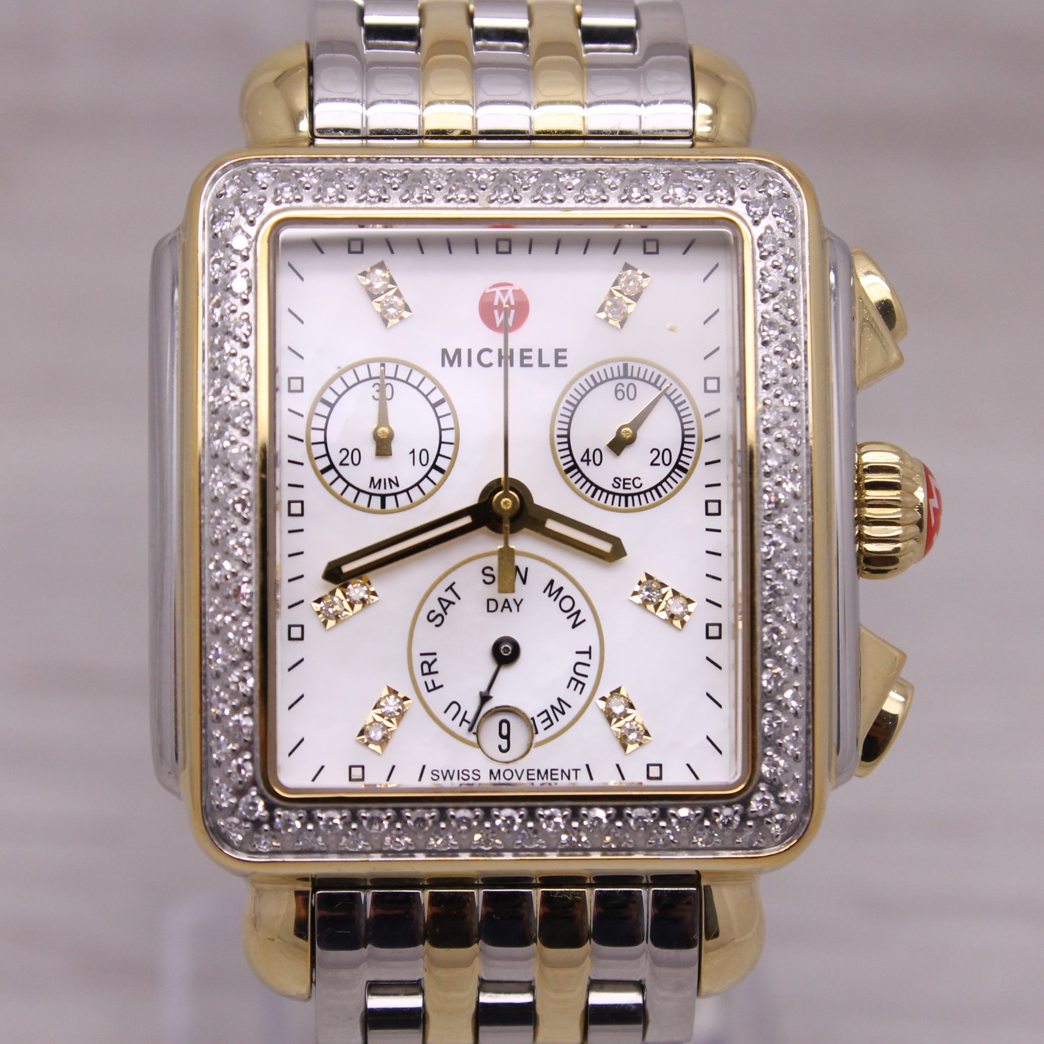 Michele Ladies 2 Tone Quartz Chronograph Watch Diamond Bezel & MOP MW0