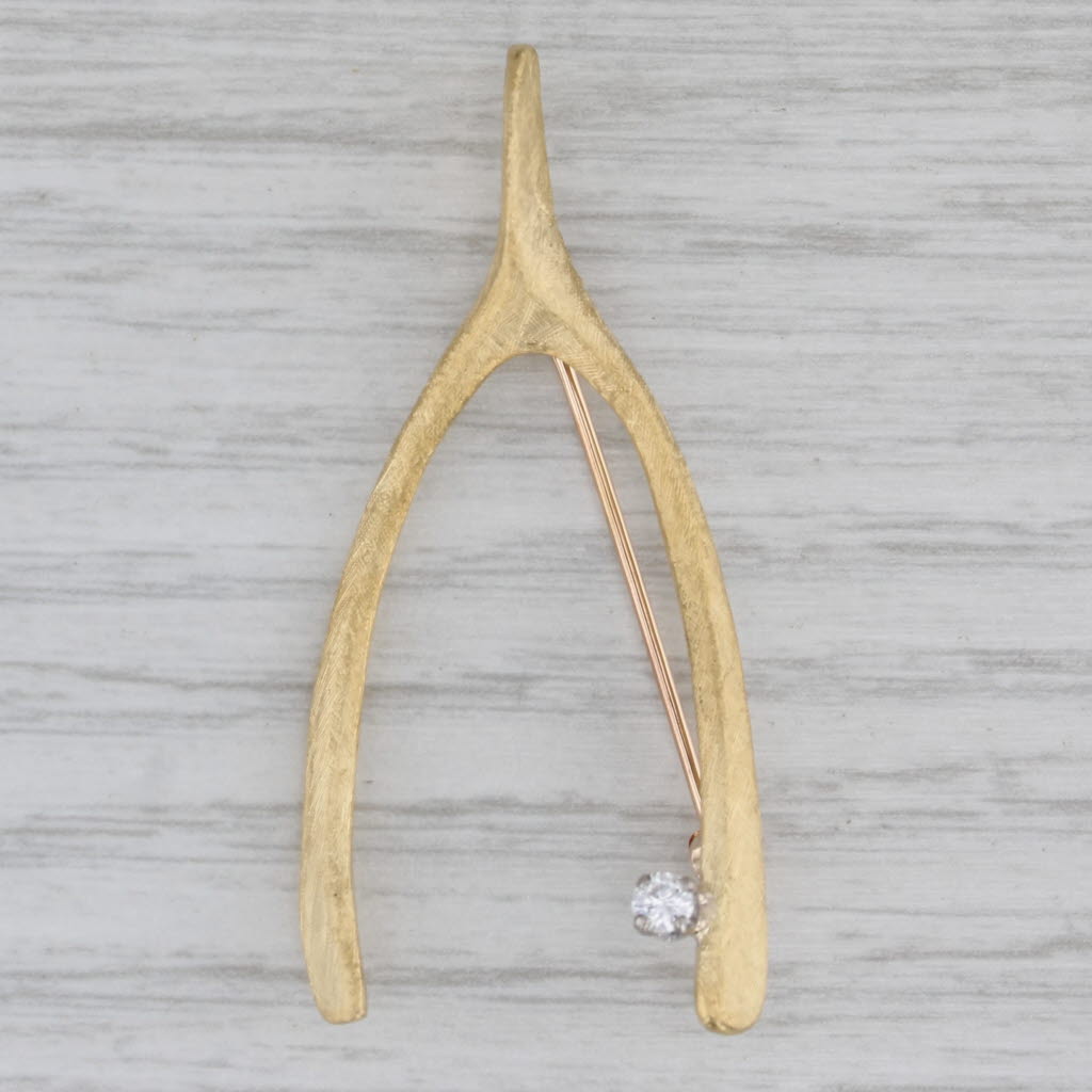 Diamond Wishbone Brooch 18k Yellow Gold Diamond Pin Good Luck