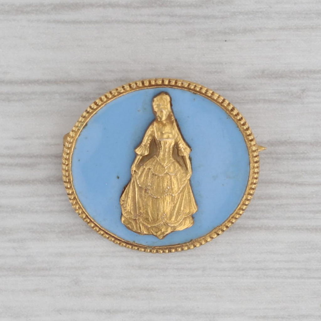 Colonial Dames Pin 14k Gold Blue Enamel Figural Member Lapel