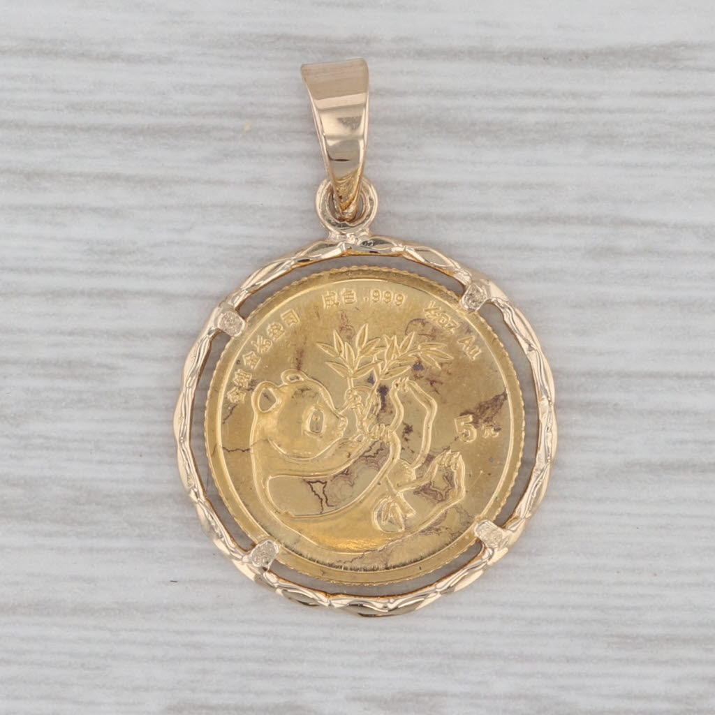 1984 5 Yuan Chinese Panda Coin Pendant 14k Bezel 1/20oz 999 Coin Yello