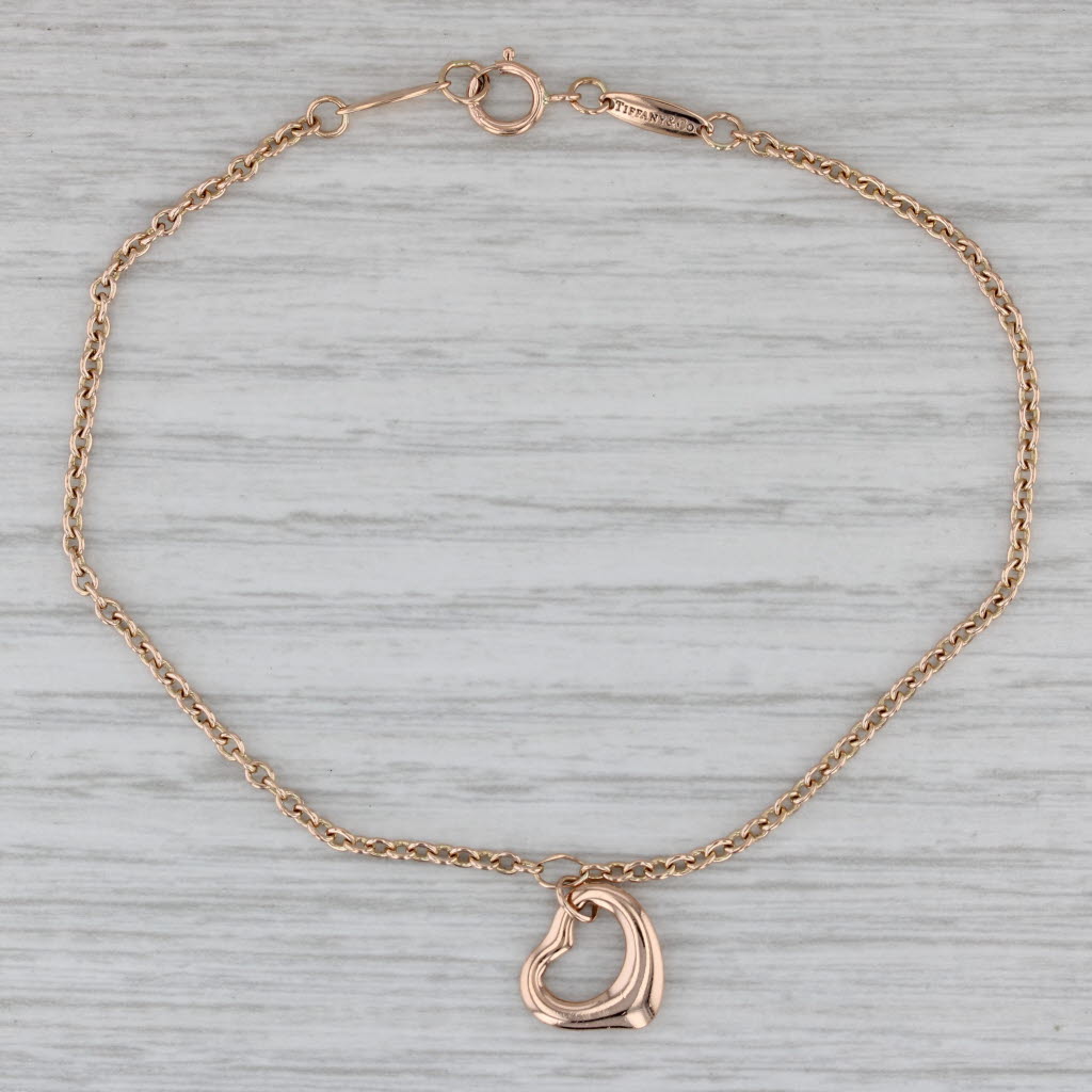 Tiffany & Co Cable Chain Heart Charm Bracelet 18k Rose Gold 7.5" 2mm
