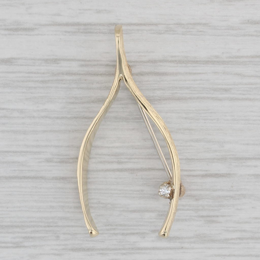 Diamond Accent Wishbone Brooch 14k Yellow Gold Pin Good Luck