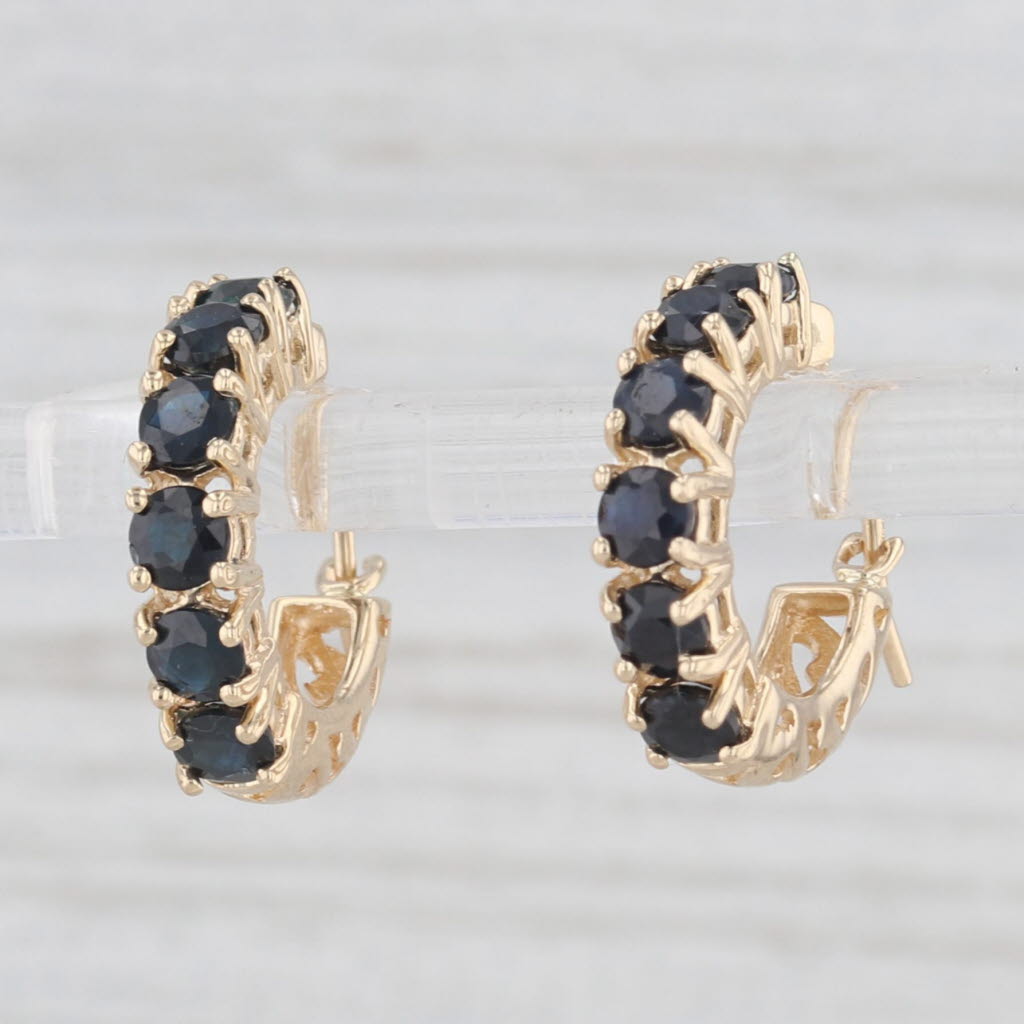 1.60ctw Blue Sapphire Small Hoop Earrings 14k Yellow Gold Snap Top Rou