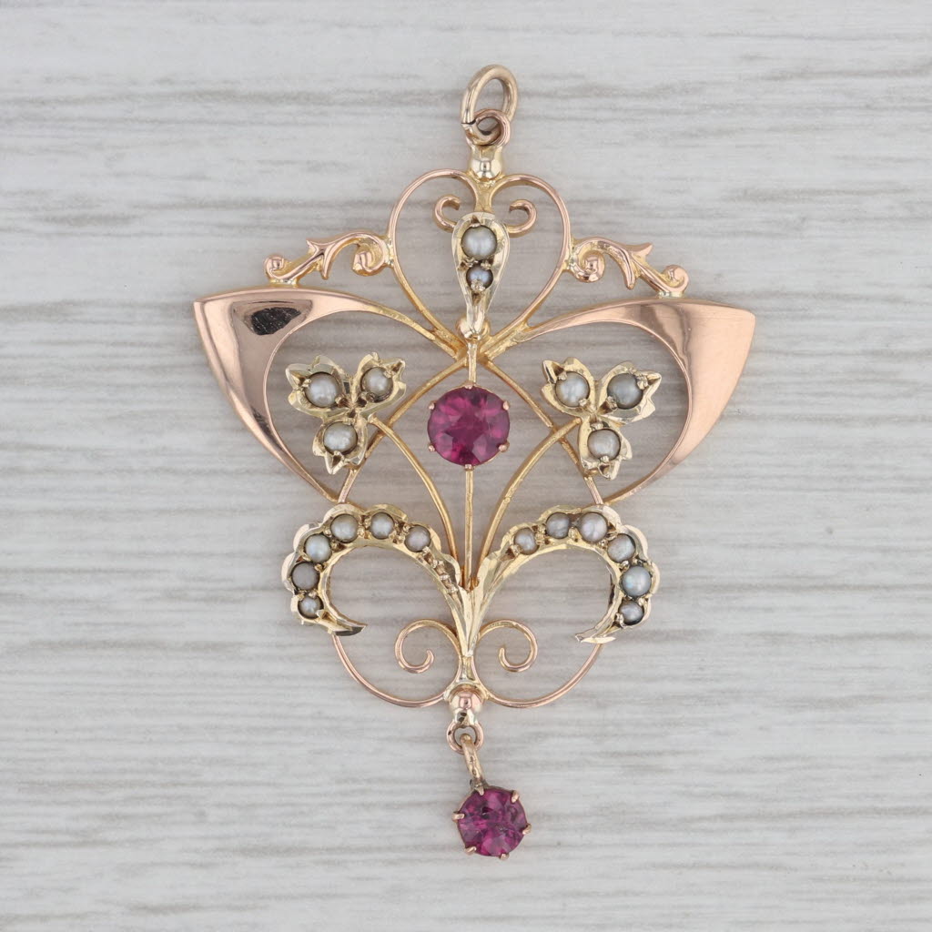 Vintage Garnet Pearl Lavalier Pendant 9ct Yellow Gold