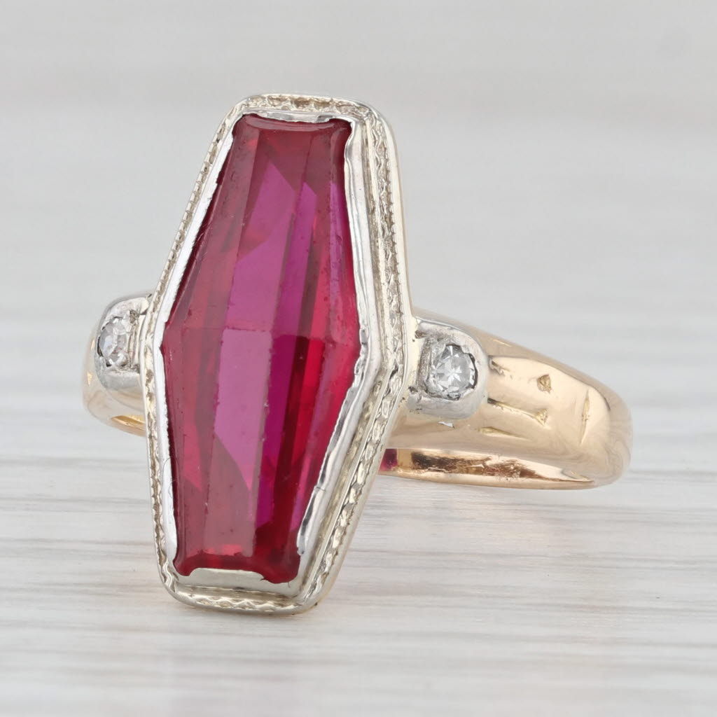 Vintage Lab Created Ruby Diamond Ring 18k Yellow White Gold Size 5.5