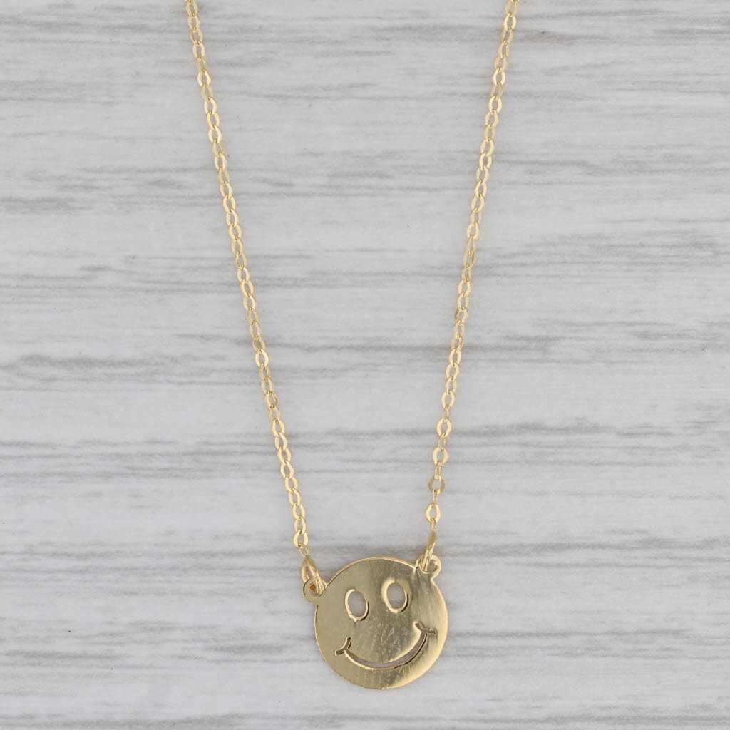 New Smiley Face Cable Chain Necklace 14k Yellow Gold 17.5" 1.1mm