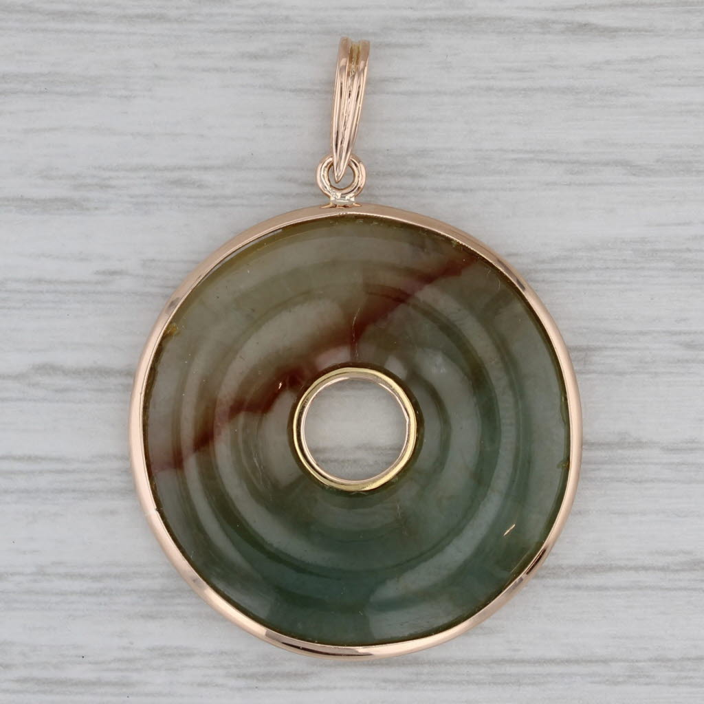 Marbled Green Jadeite Jade Hololith Pendant 14k Yellow Gold