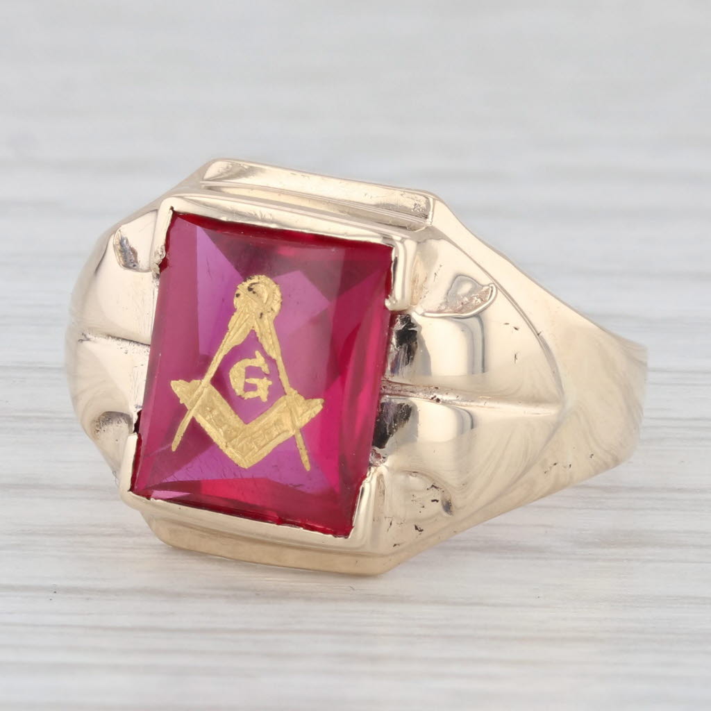Masonic Signet Ring Lab Created Ruby 10k Gold Size 8.5 Blue Lodge Squa