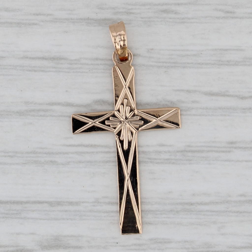 Vintage Ornate Etched Cross Pendant 14k Yellow Gold
