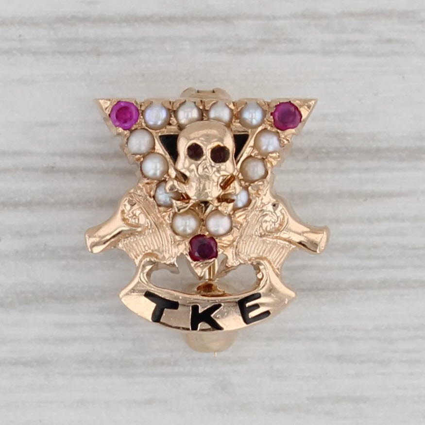 Tau Kappa Epsilon Skull Pin 10k Gold Pearl Ruby TKE Teke Fraternity Ba