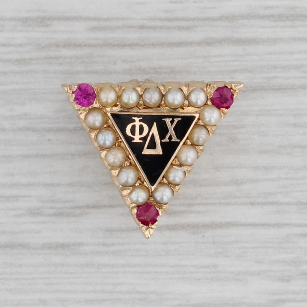 Phi Delta Chi Fraternity Pin 14k Gold Pearls Lab Created Ruby Vintage