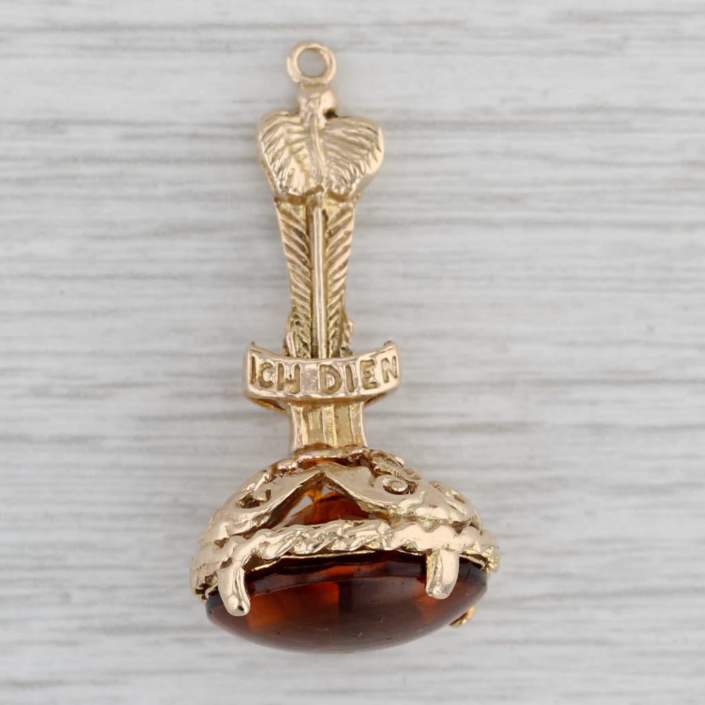 Princes of Wales Ich Dien Glass Chatelaine Pendant Charm Fob 9k Gold B