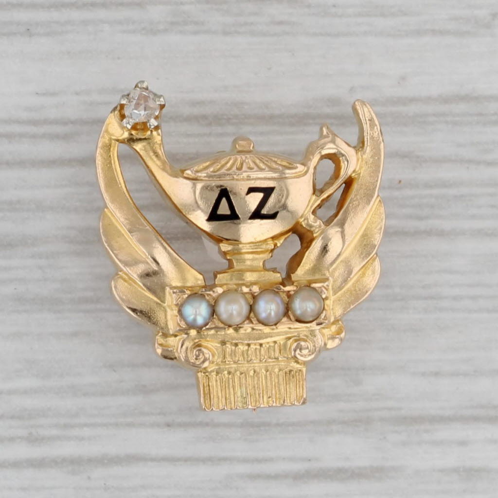 Delta Zeta Lamp Badge 14k Gold Diamond Pearl Sorority Vintage Pin