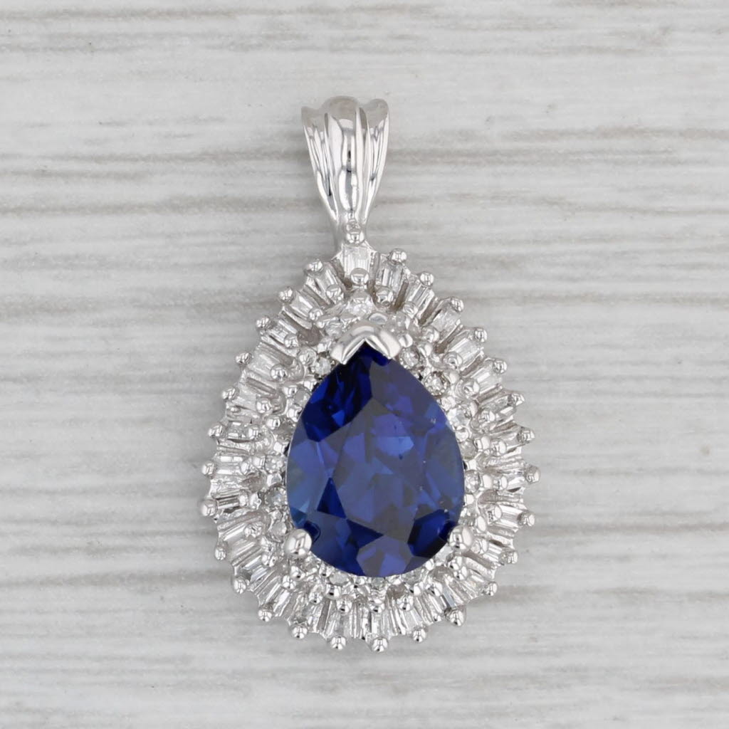 2.71ctw Lab Created Blue Sapphire Diamond Halo Teardrop Pendant 10k Wh