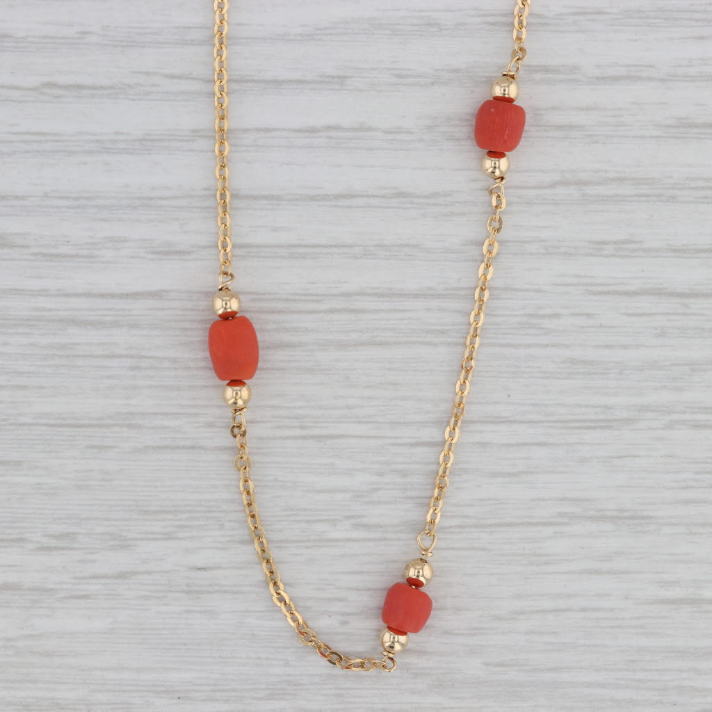 Red Coral Station Cable Chain Necklace 18k Yellow Gold 18