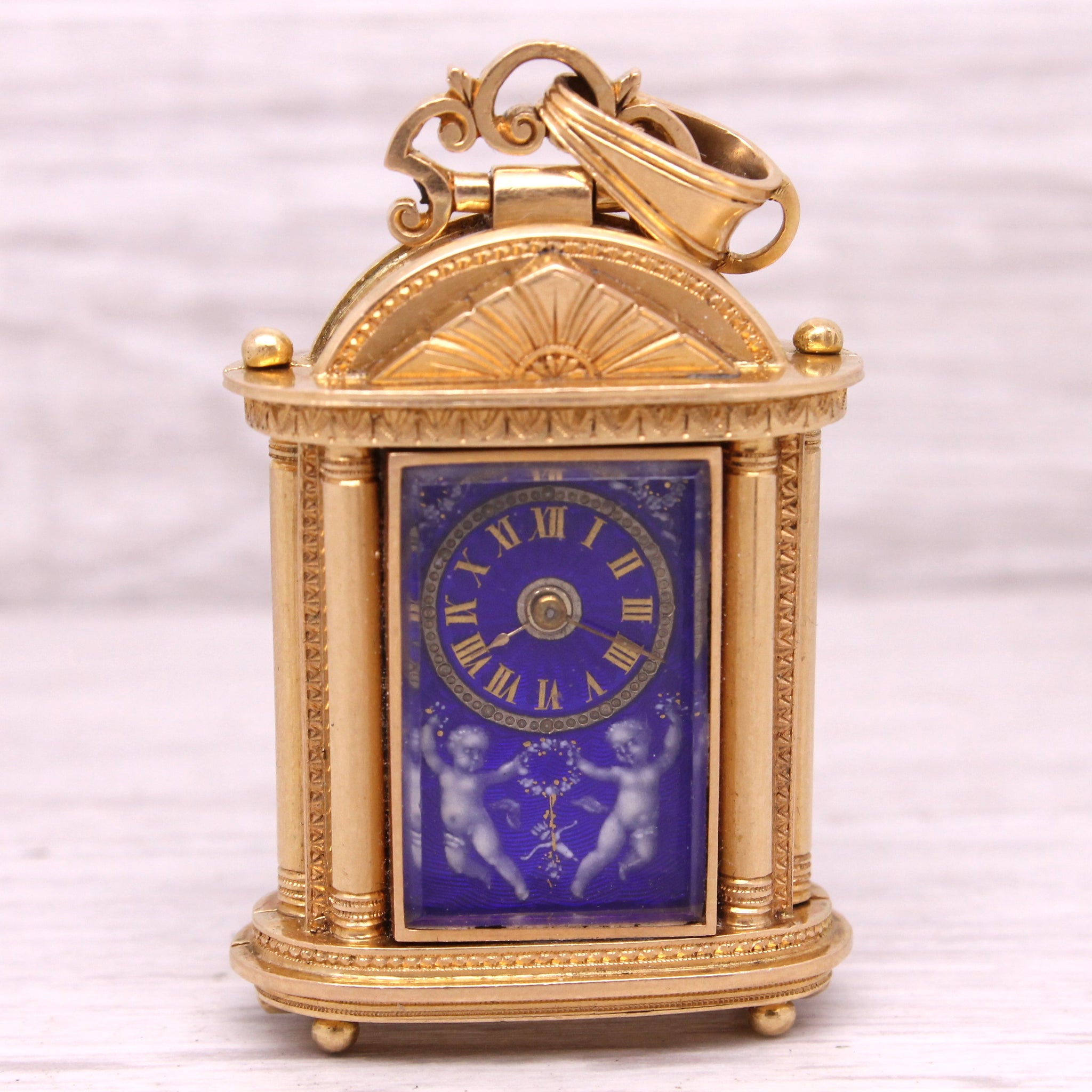 Antique c.1860 18k Gold Miniature Keywind Case Clock Pendant Blue Enam