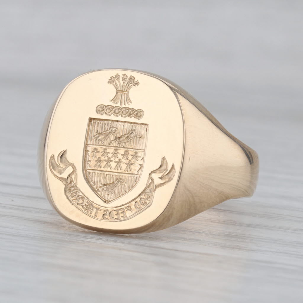 Vintage Church & Co Latin Coat of Arms Signet Ring 14k Yellow Gold Siz