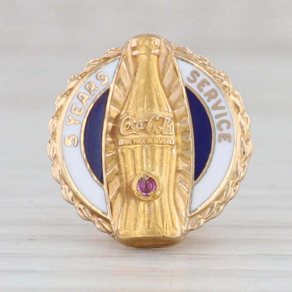 Coca-Cola 5 Years Service Award Pin 10k Yellow Gold Lab Created Ruby C