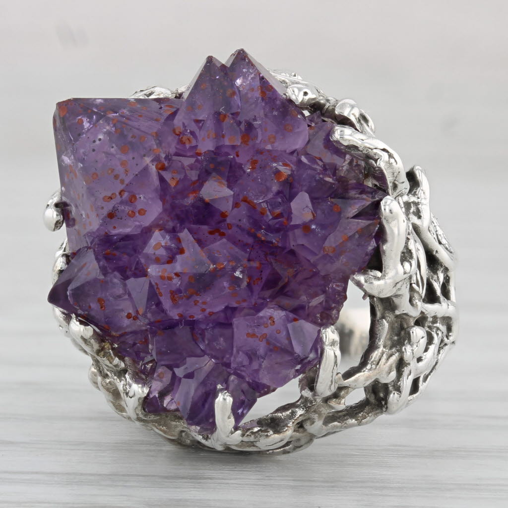Vintage Amethyst Crystal Ring Sterling Silver Size 7.5 Statement Cockt