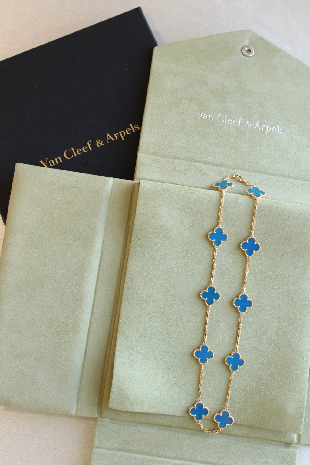 Van Cleef Arpels VCA Alhambra Blue Agate Clover Necklace 18k Gold 16.5 ...