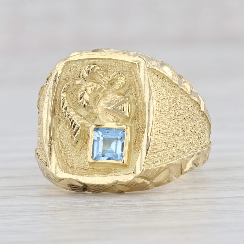 Blue Lab Created Spinel Knight Signet Ring 18k Gold Coat of Arms Crest
