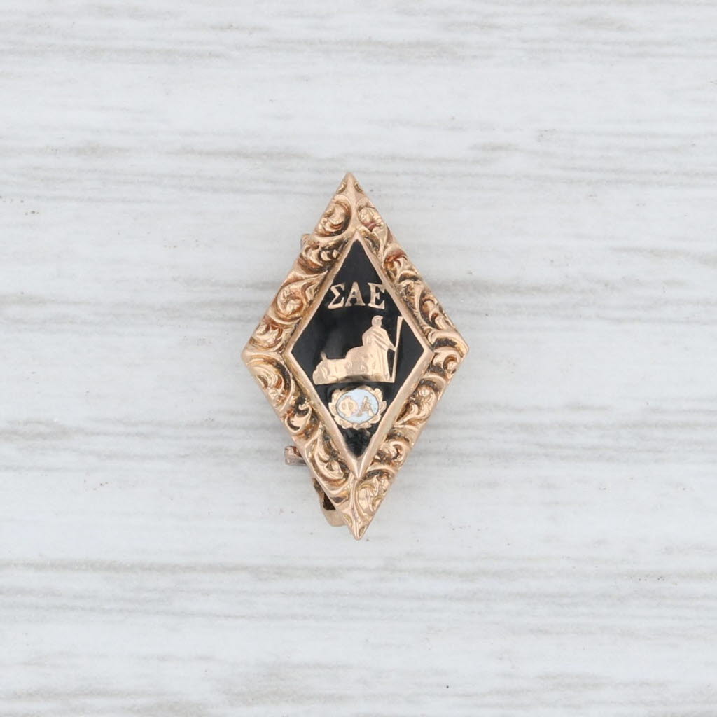 Antique Sigma Alpha Epsilon Mini Pin 14k Gold 1890s Black Enamel Frate