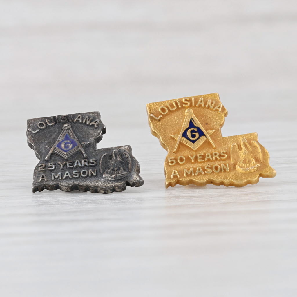 Louisiana Masonic Pins 25 Years 50 Years Mason Set of 2 Lapels 10k Gol