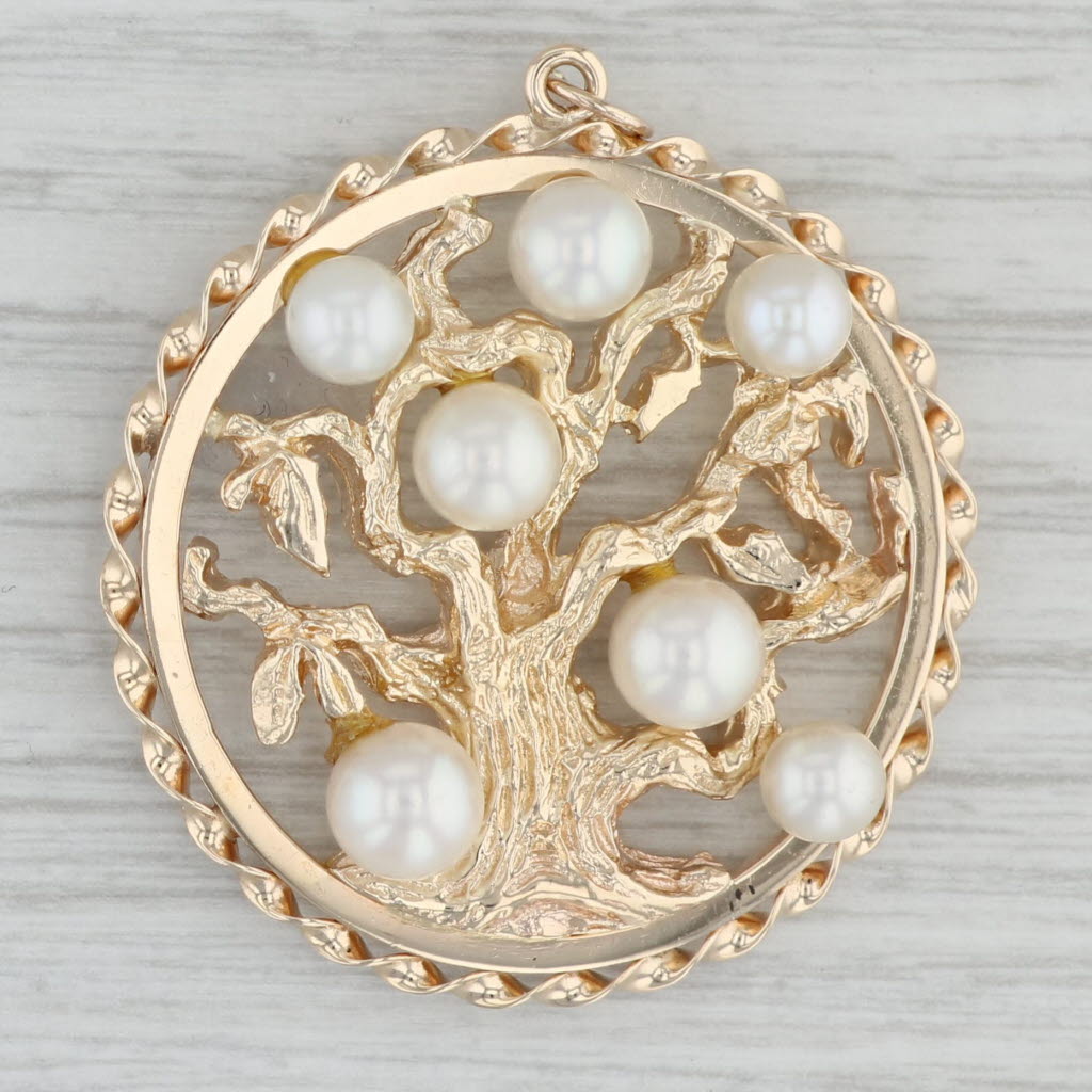 Vintage Cultured Pearl Gothic Tree Medallion Pendant 14k Yellow Gold S