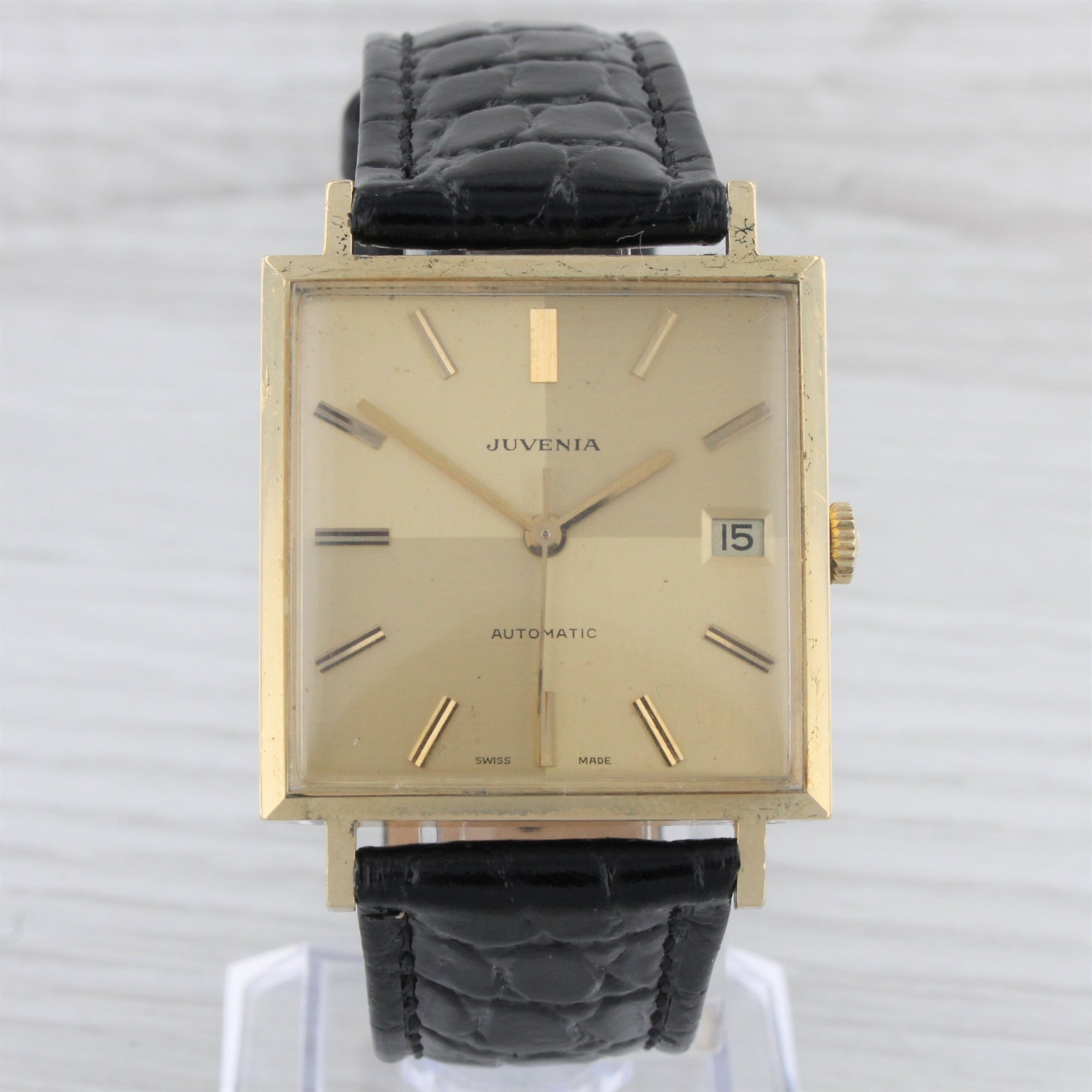 Vintage Juvenia 18k Solid Yellow Gold Mens Automatic Square Watch Quad